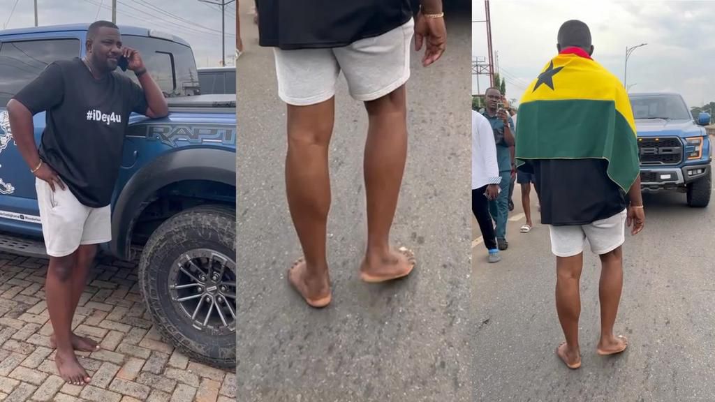 John Dumelo begins backwards barefooted walking from Legon main gate to ...