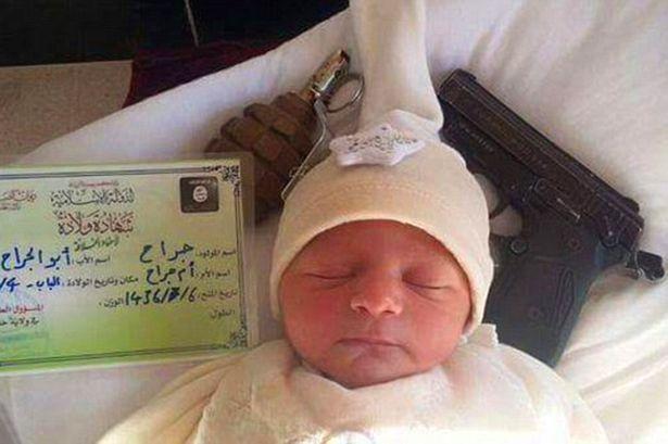 Photo of newborn baby pictured with a grenade, handgun and birth ...